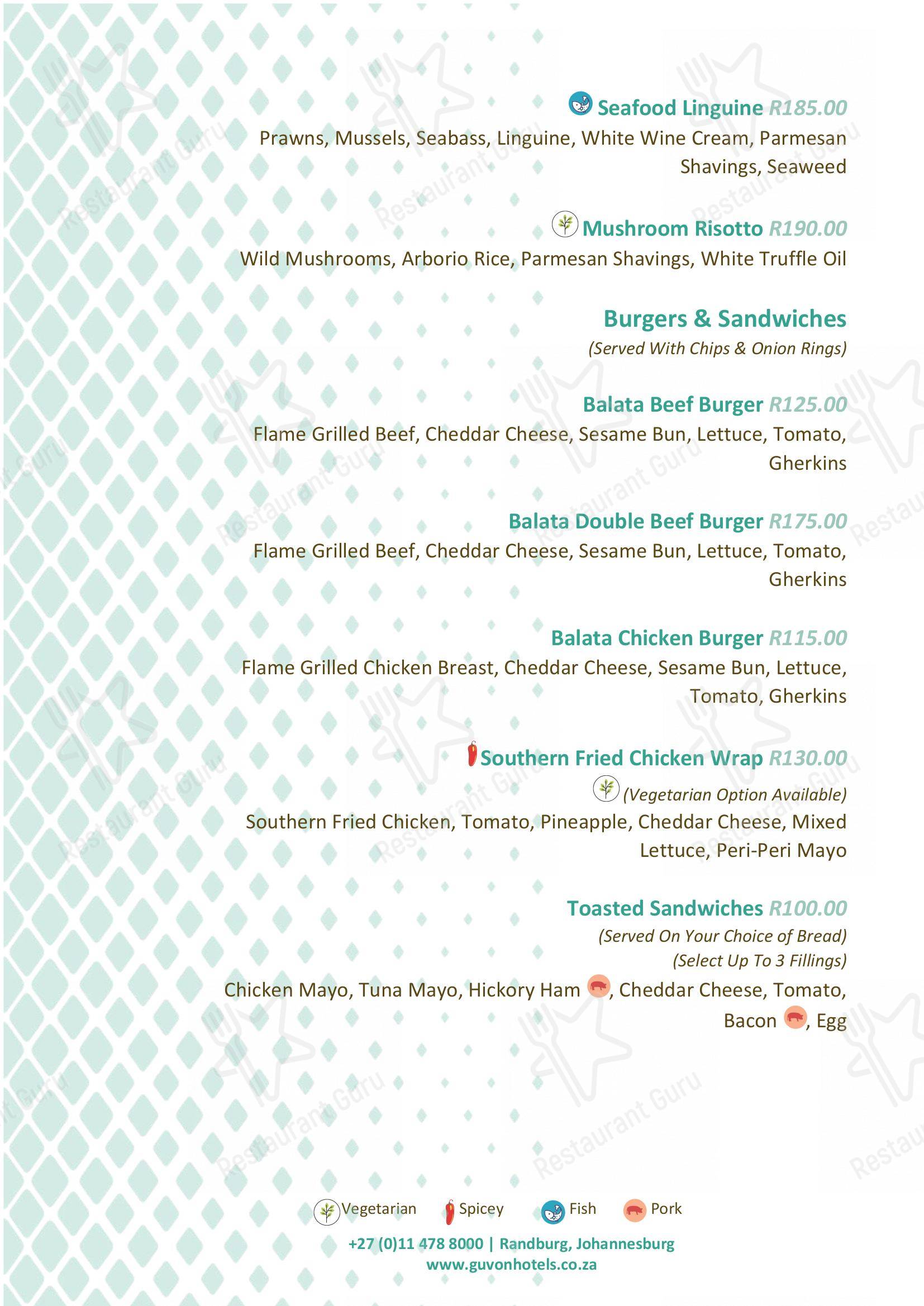 Menu at Balata Restaurant, The Fairway Hotel, Randburg