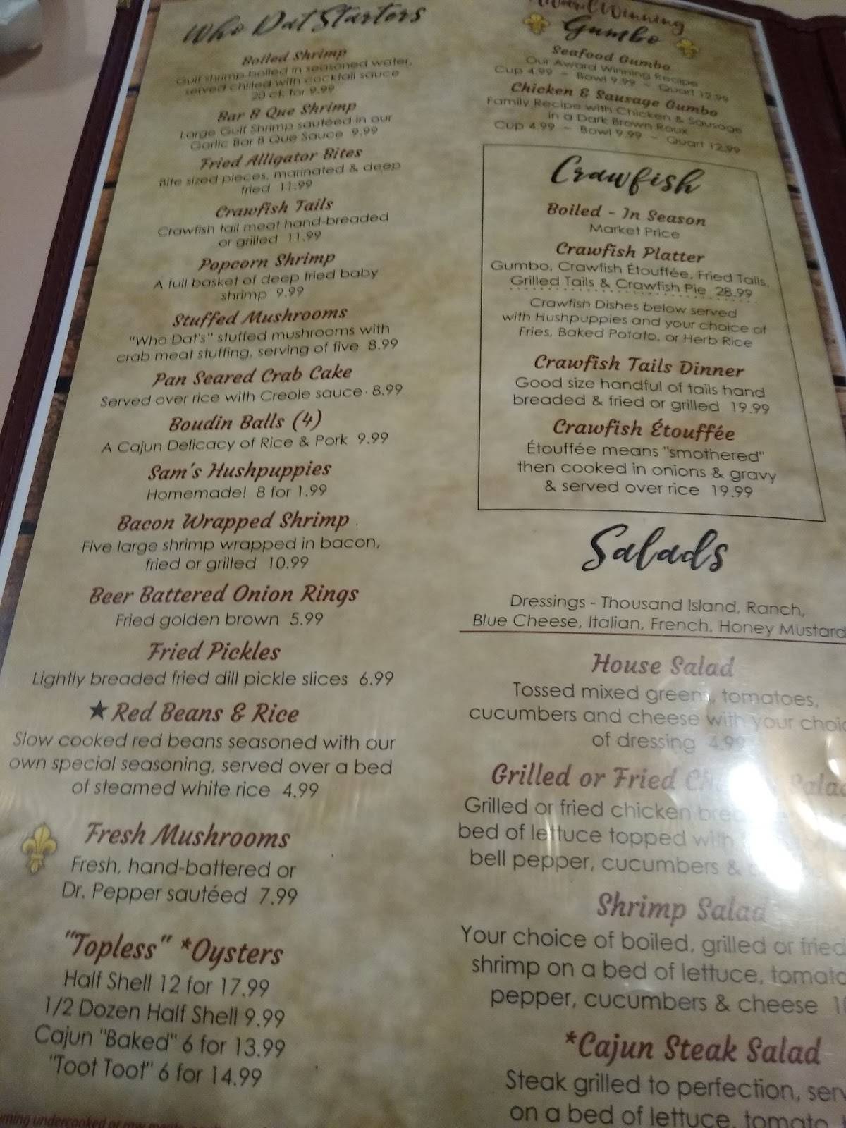 Menu at Who Dat's Cajun Restaurant, Bald Knob