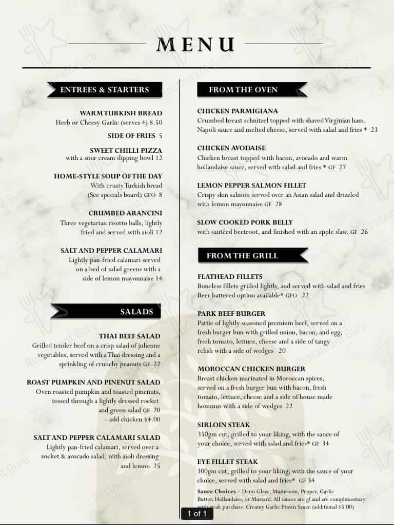 Menu at The Park Hotel Ballarat restaurant, Alfredton