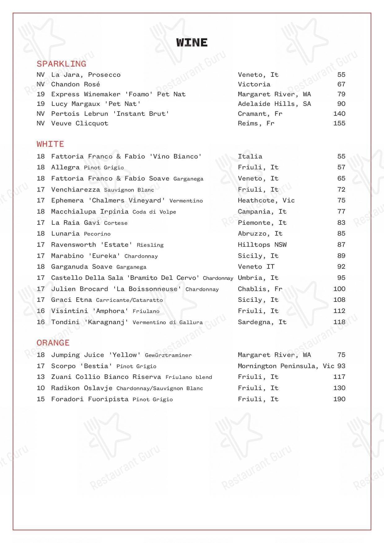 Menu at Bar Totti's, Sydney
