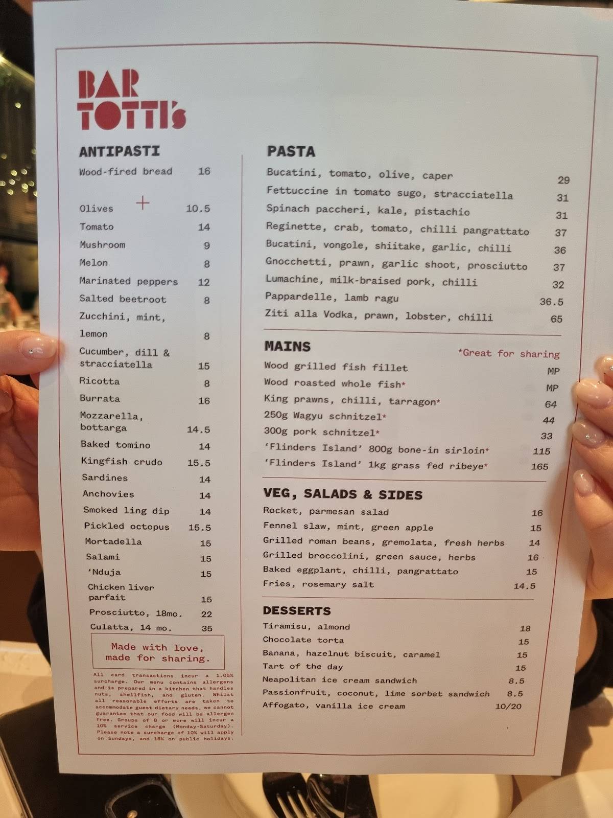 Menu at Bar Totti's, Sydney