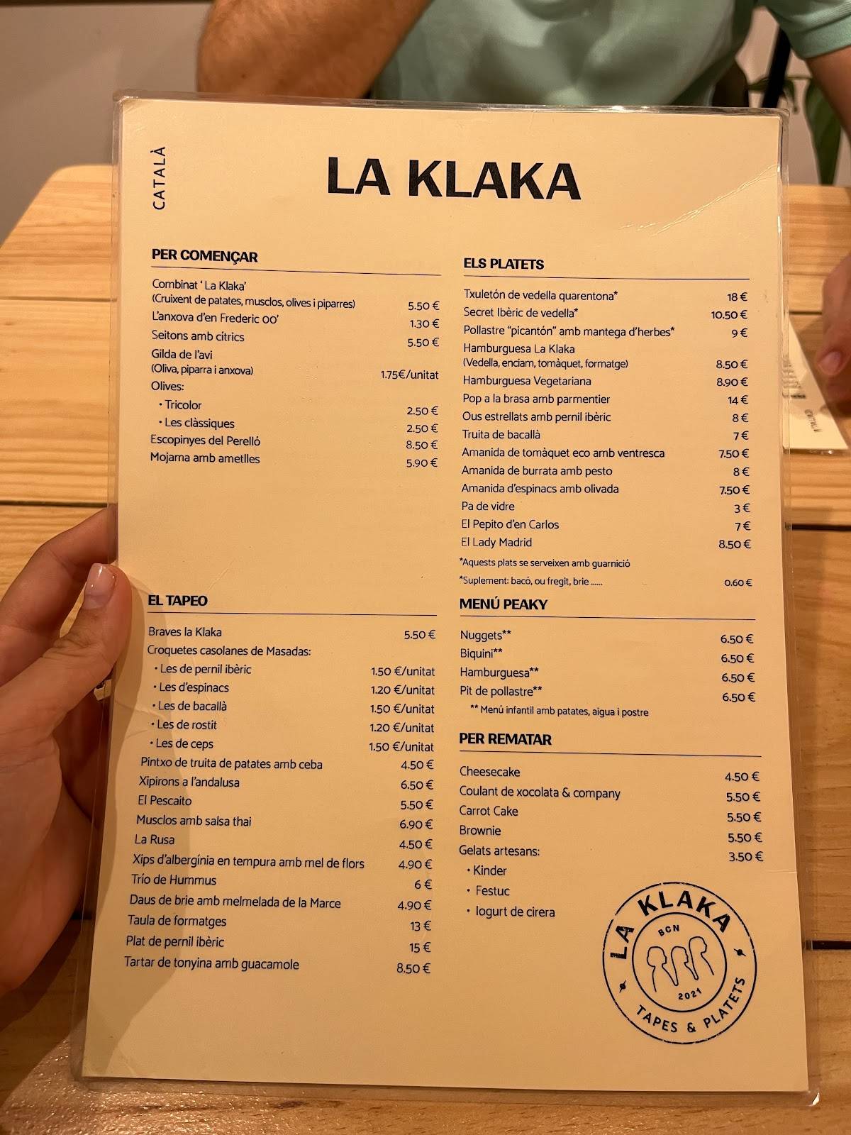 Carta del pub y bar La Klaka, Barcelona