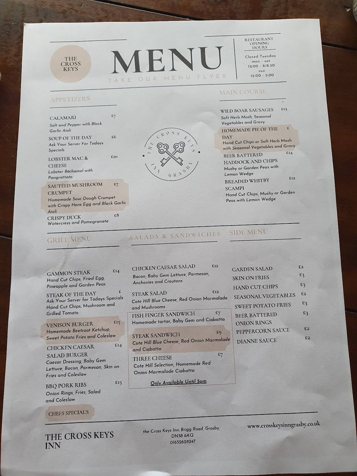 Menu at The Cross Keys Inn pub & bar, Barnetby Le Wold