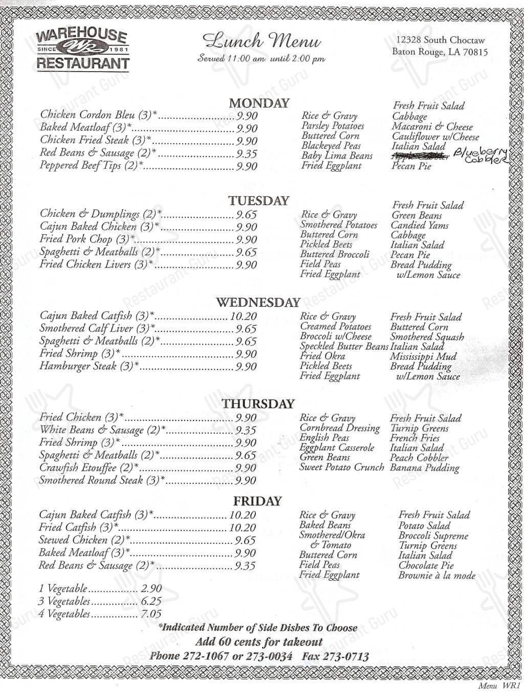 Menu at Warehouse Restaurant, Baton Rouge