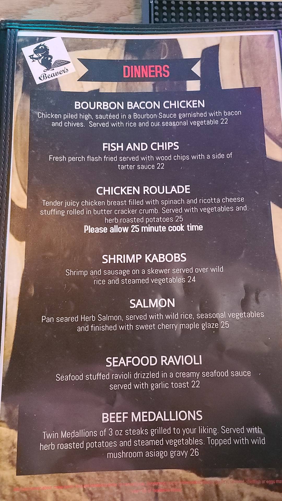 Menu at Beaver's Pub, Bay City
