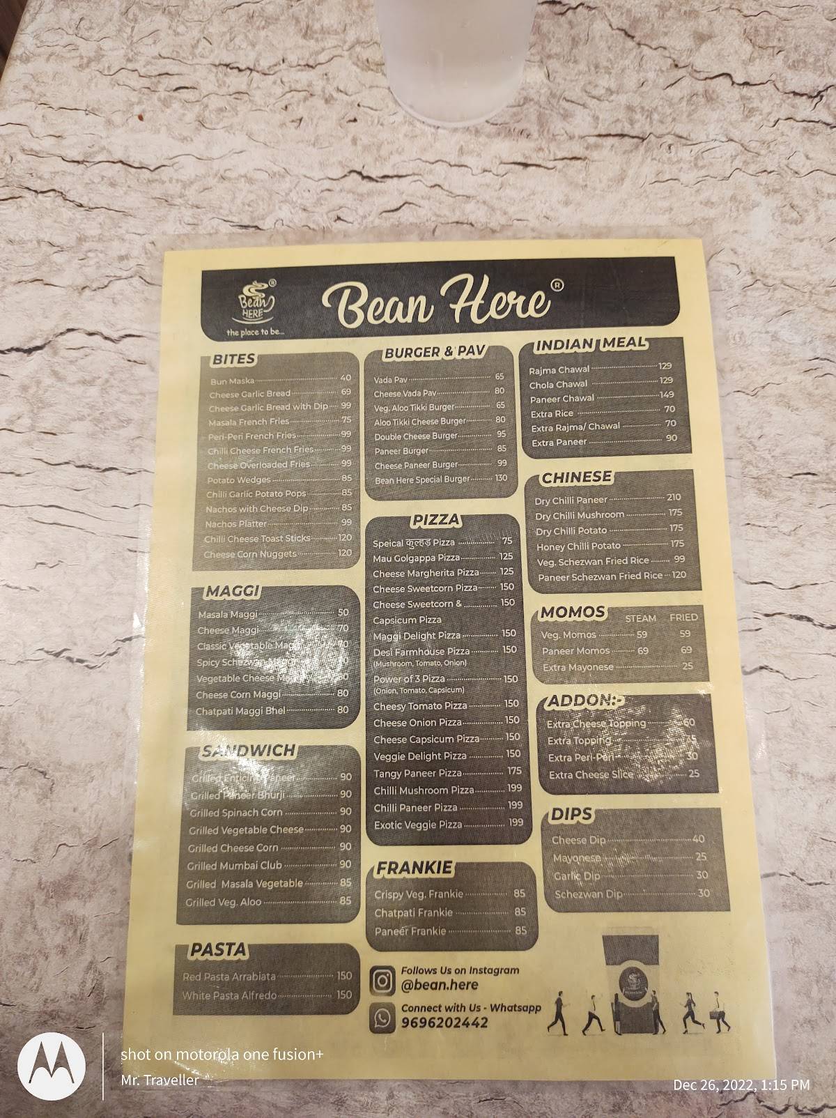 Menu at Bean Here, Mau