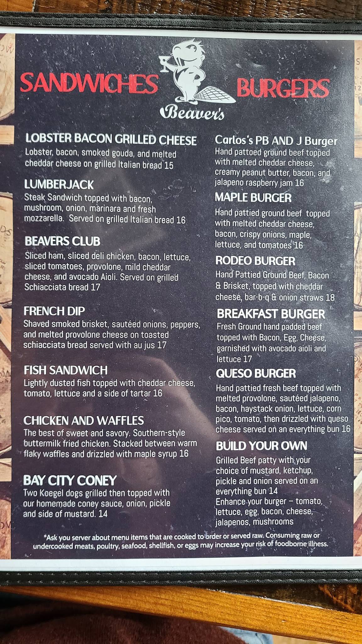 Menu at Beaver's Pub, Bay City