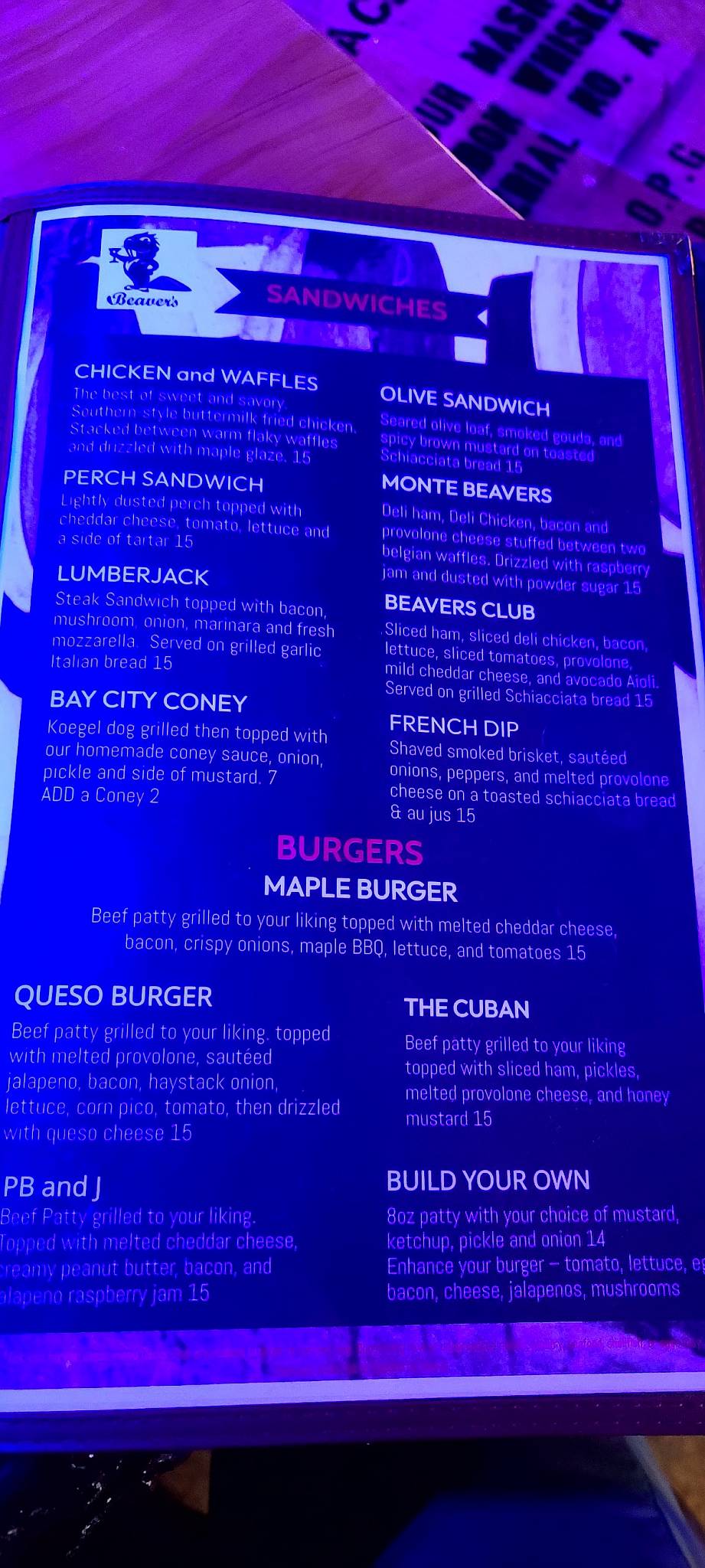 Menu at Beaver's Pub, Bay City