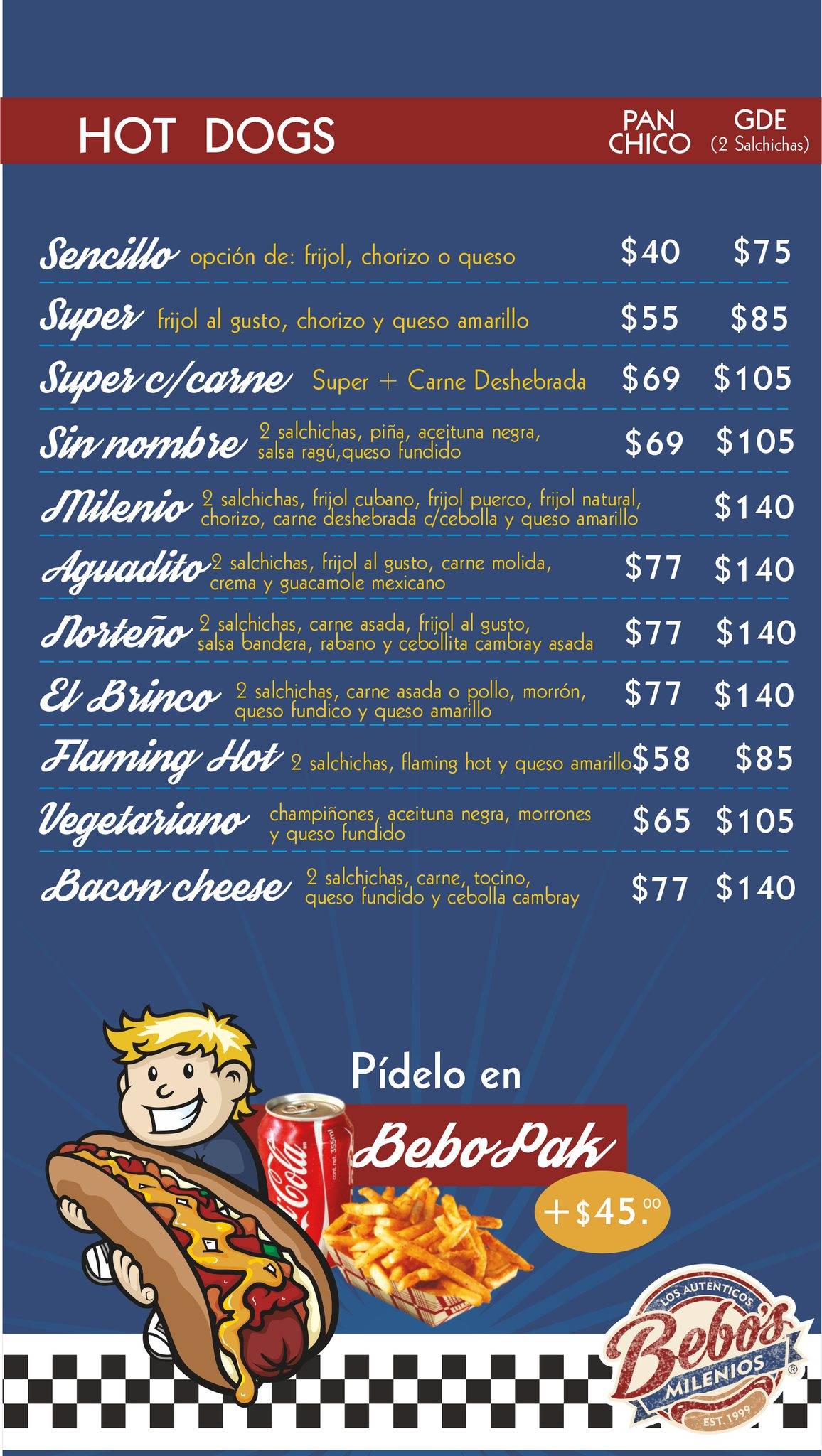 Carta del restaurante Bebo's Milenios Hot Dogs, Ensenada