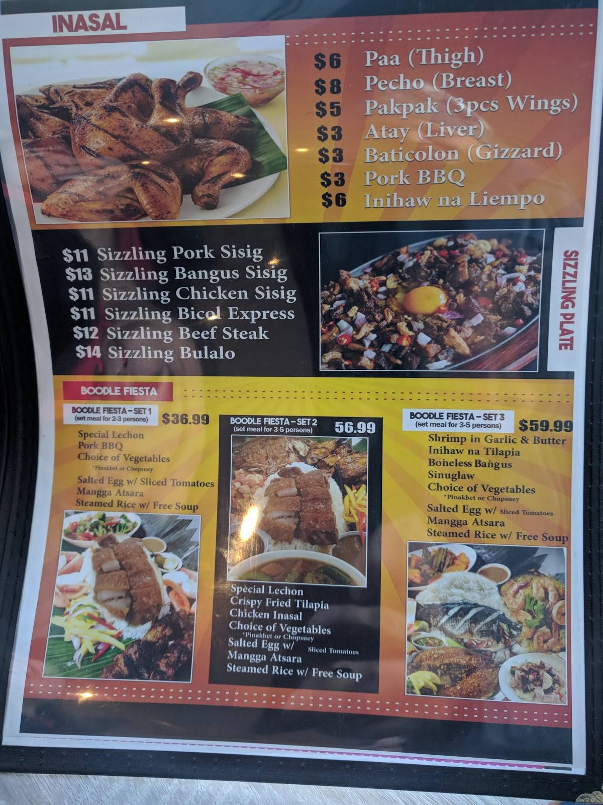 Menu at Bella's Inasal restaurant, Mississauga