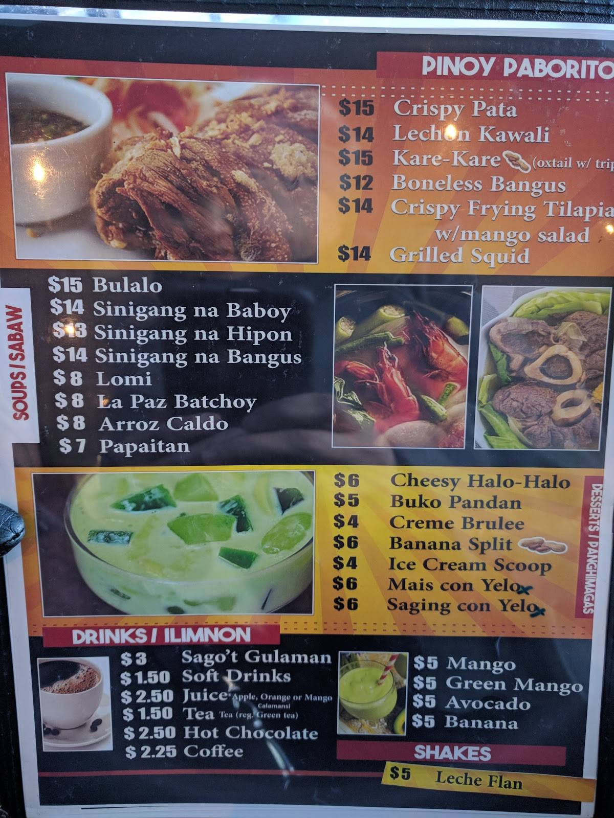 Menu at Bella's Inasal restaurant, Mississauga