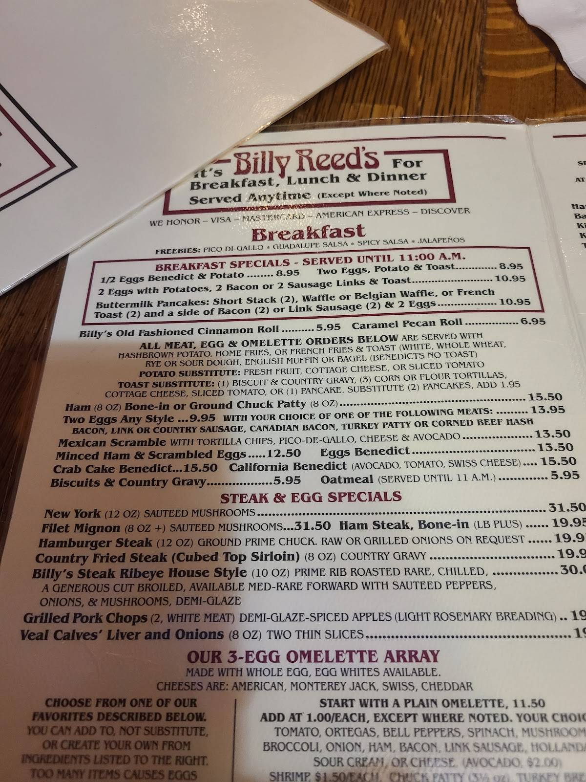 Menu at Billy Reed's Palm Springs restaurant, Palm Springs
