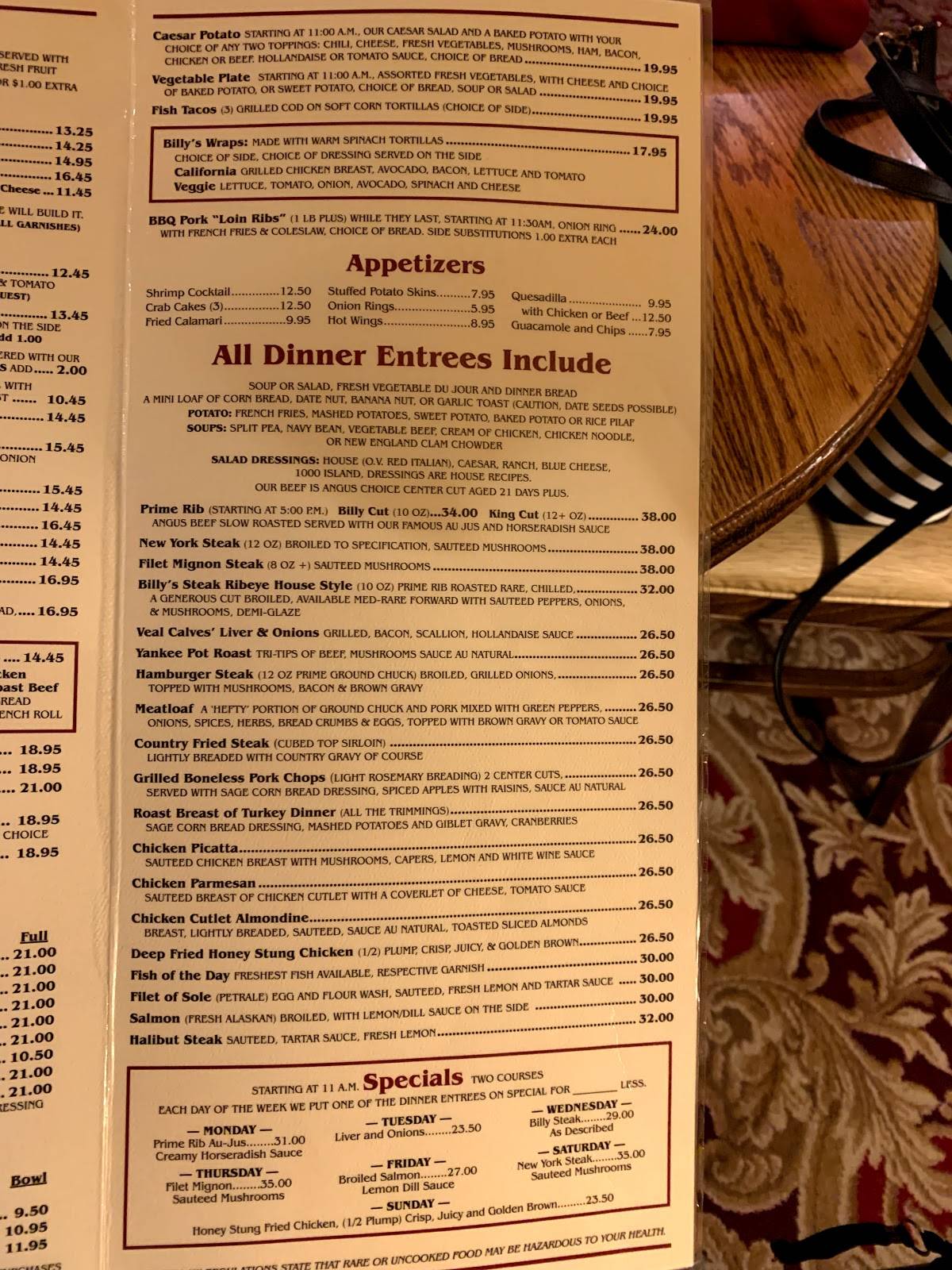 Menu at Billy Reed's Palm Springs restaurant, Palm Springs
