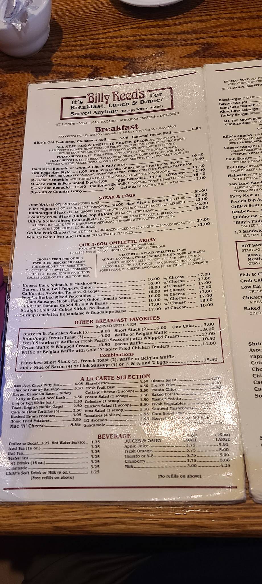 Menu at Billy Reed's Palm Springs restaurant, Palm Springs