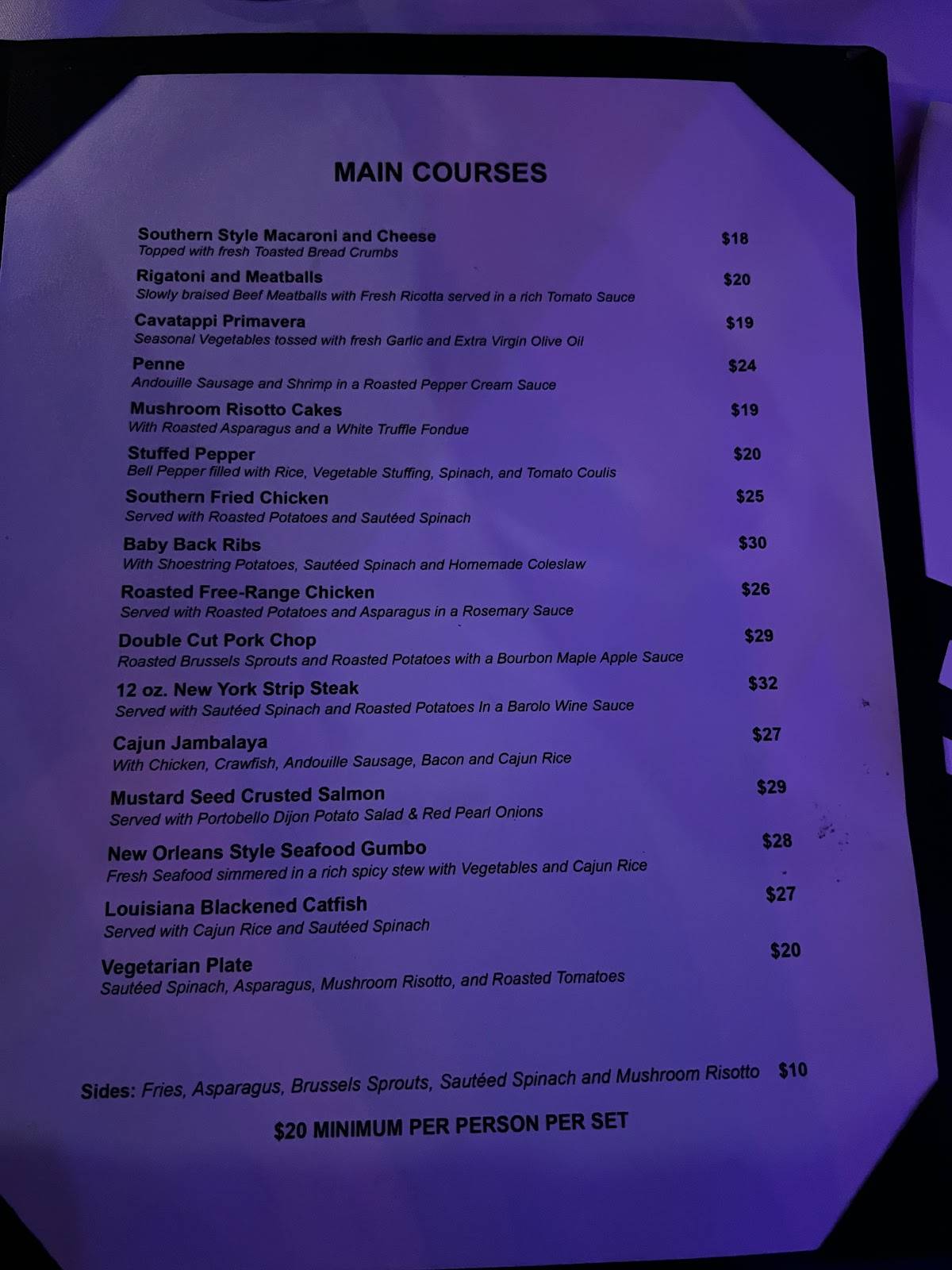Menu at Birdland Jazz Club, West New York
