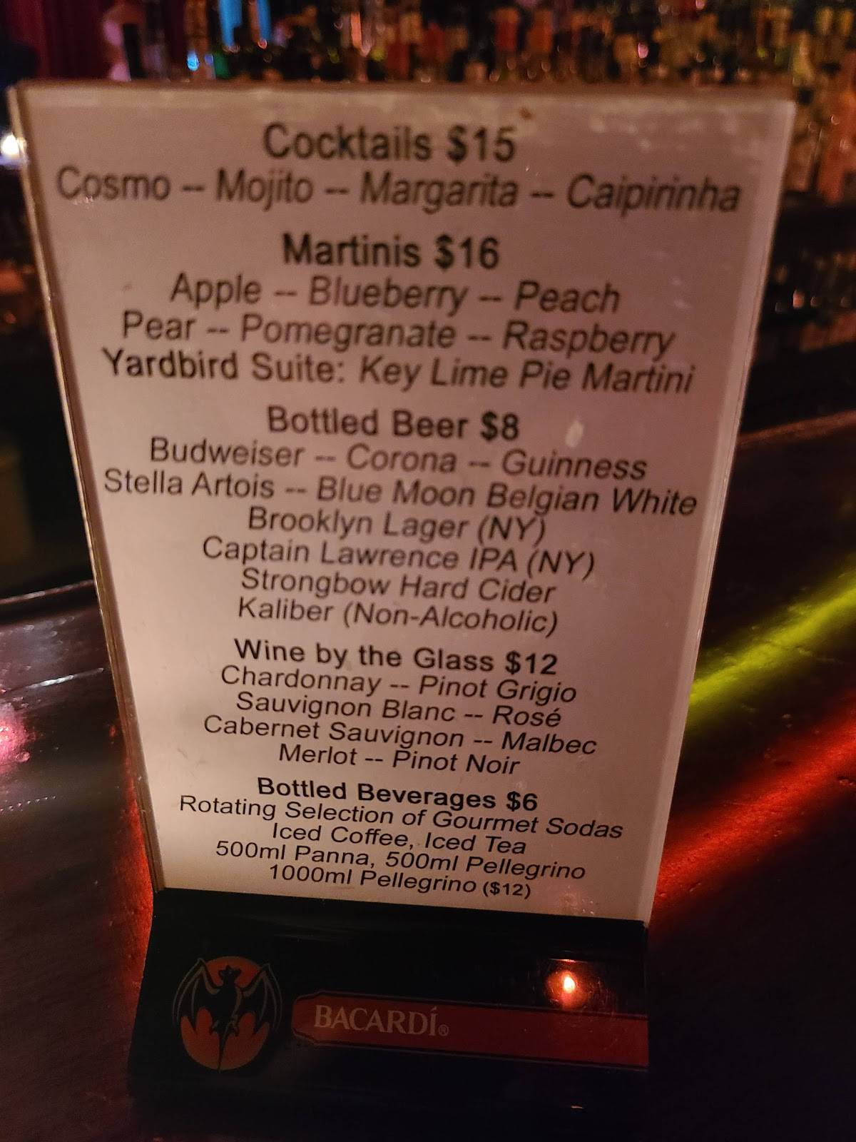 Menu at Birdland Jazz Club, West New York