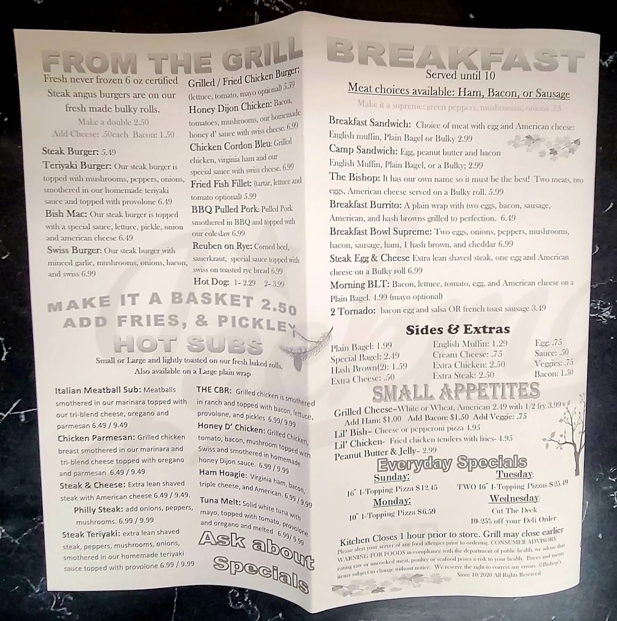 Menu at Bishop's Store pizzeria, Jackman