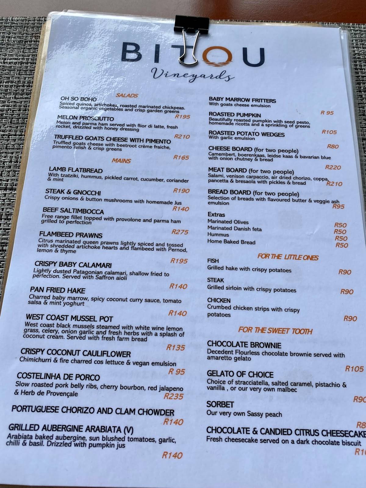 Menu at Bitou Vineyards restaurant, Plettenberg Bay