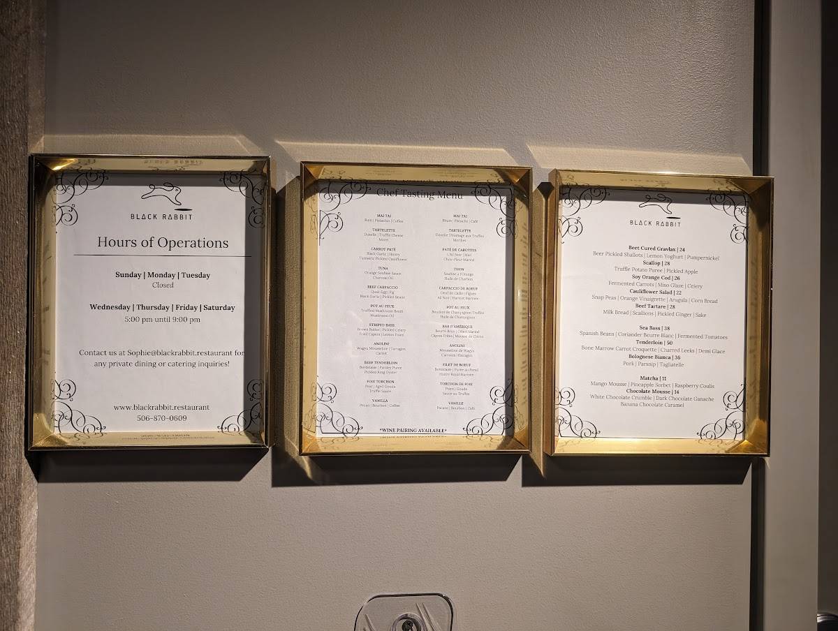 Menu at Black Rabbit restaurant, Moncton