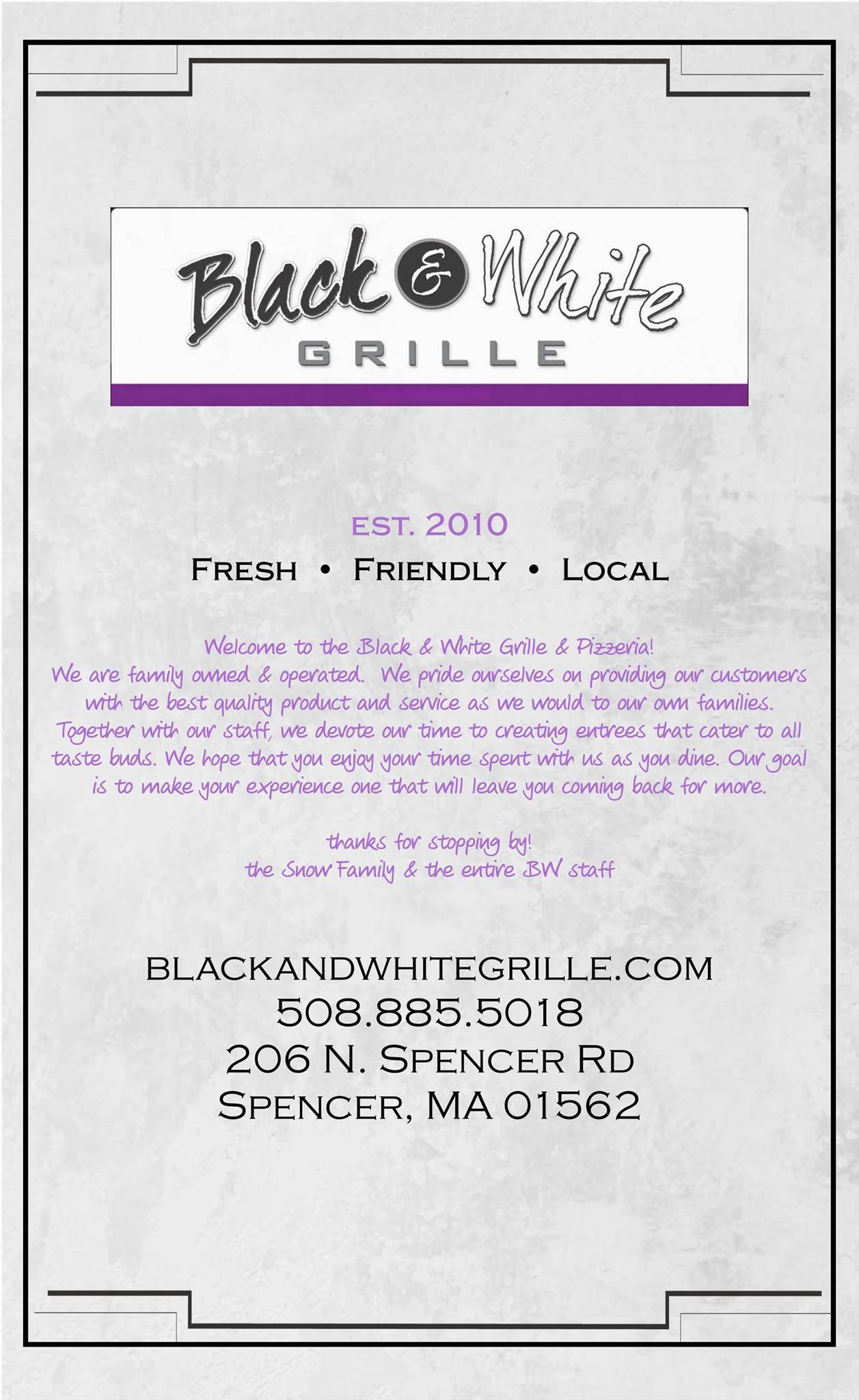 Menu at Black & White Grille restaurant, Spencer