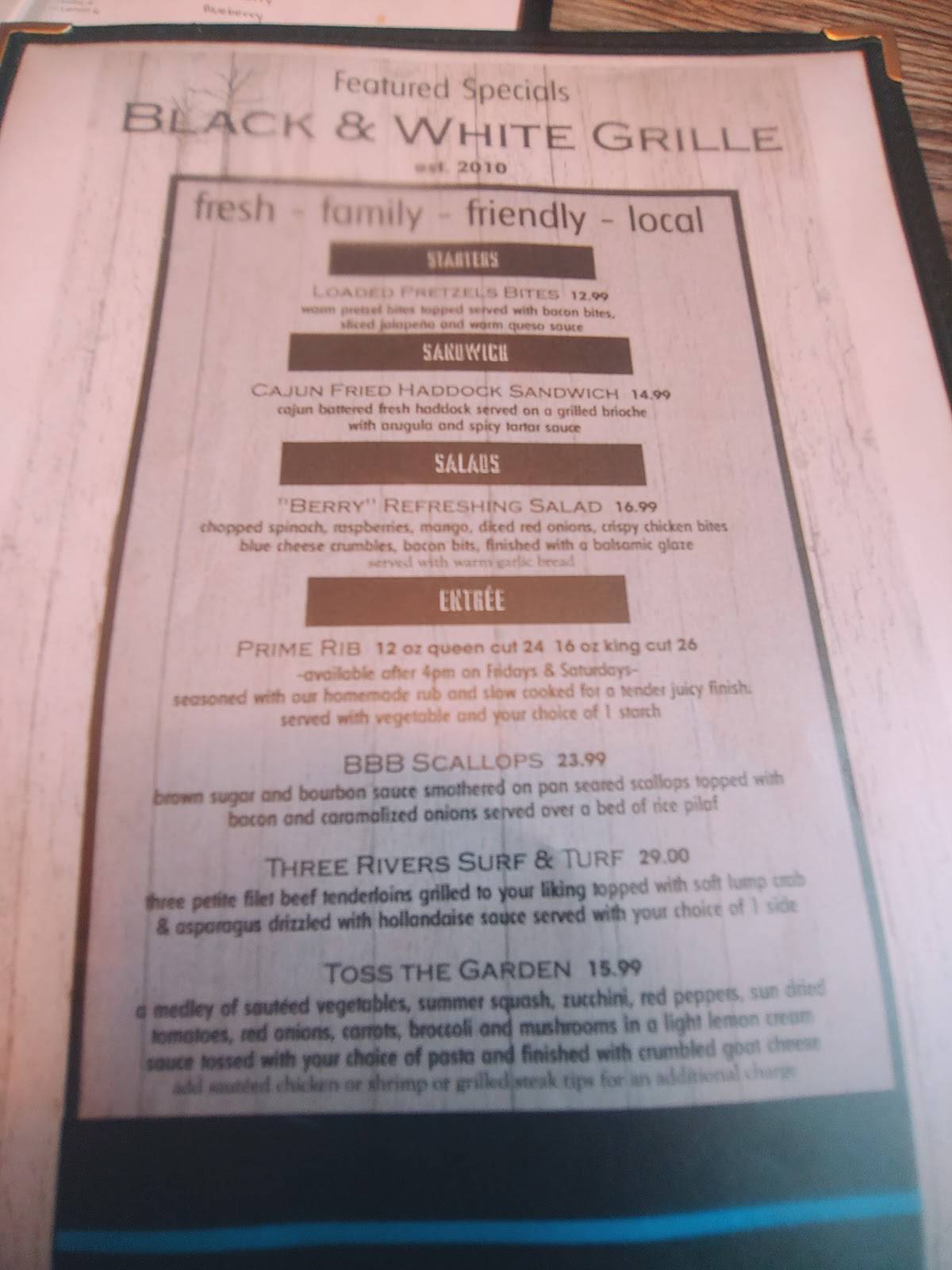Menu at Black & White Grille restaurant, Spencer