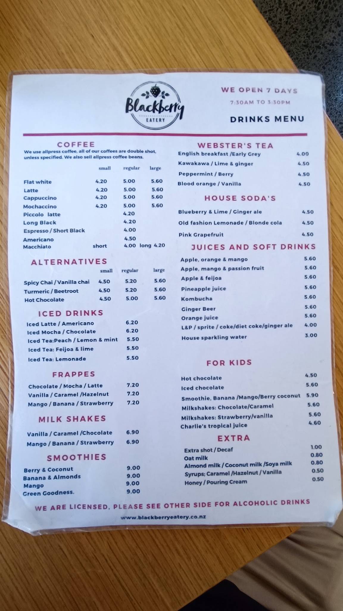Menu at Blackberry eatery (breakfast lunch dinner) restaurant, Papamoa