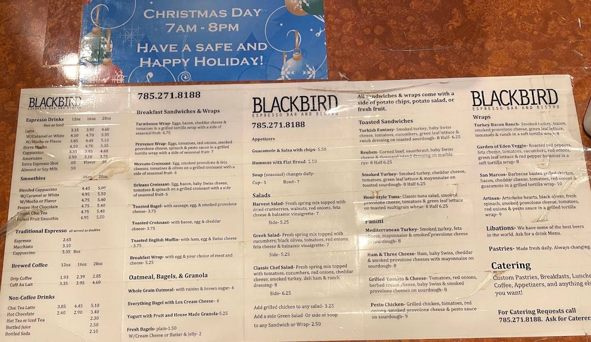 Menu at Blackbird cafe, Topeka