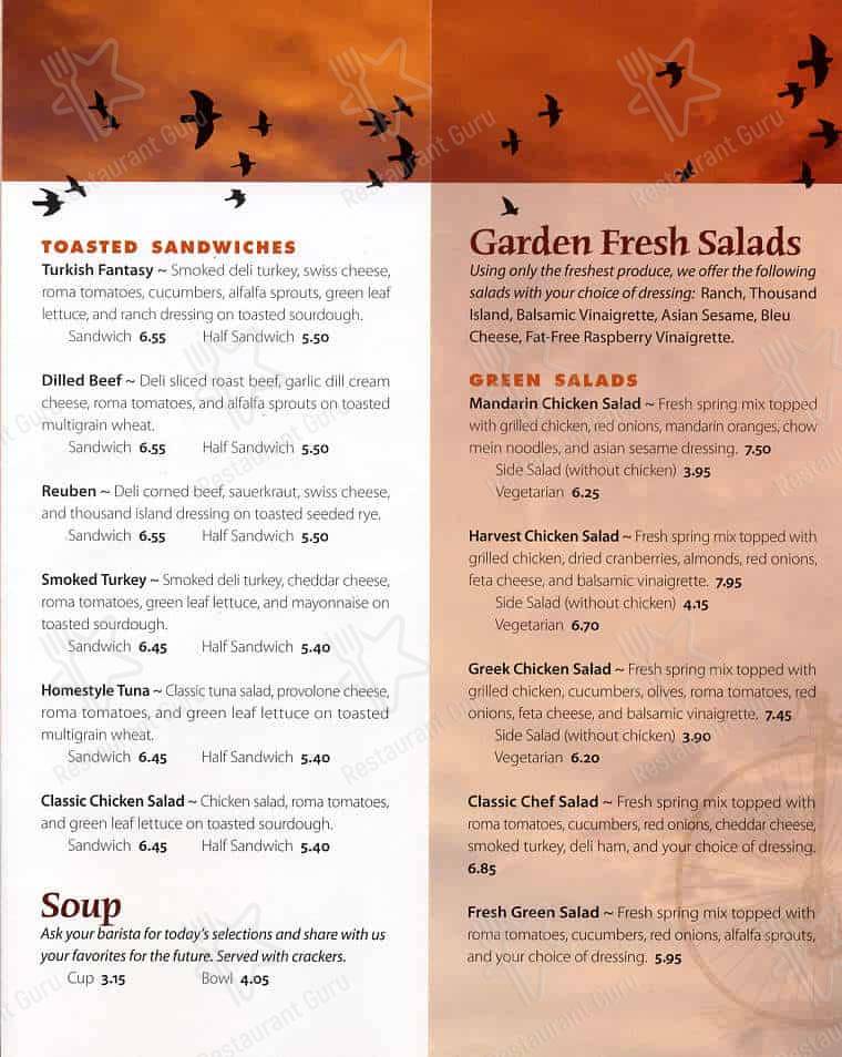 Menu at Blackbird cafe, Topeka