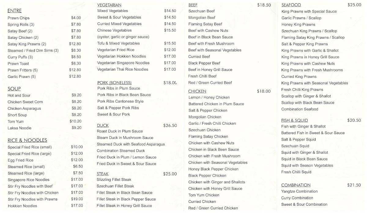 Menu at Yangtze Chinese Restaurant, Blackwood