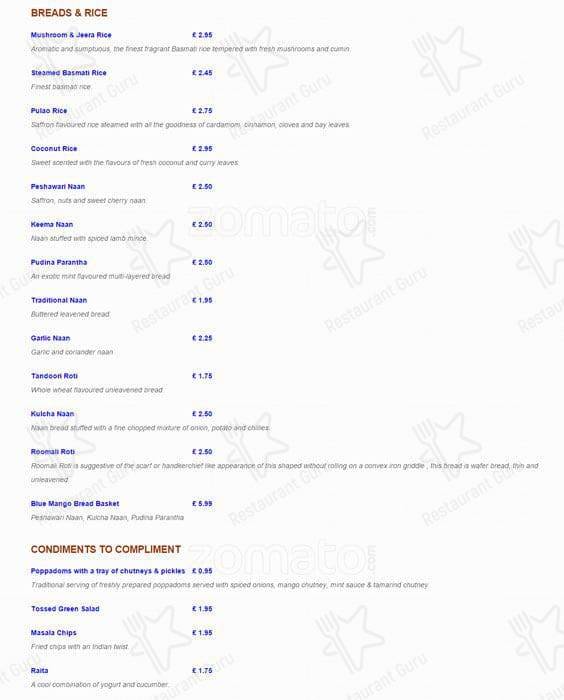 Menu at Blue Mango Indian Restaurant, Birmingham, Broad St
