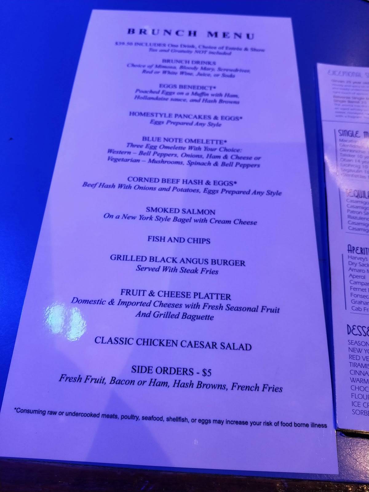 Menu at Blue Note pub & bar, New York City