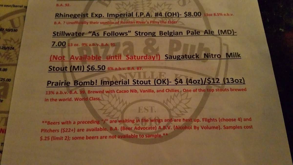 Menu at Bluegrass Pizza & Pub, Danville, 314 W Main St