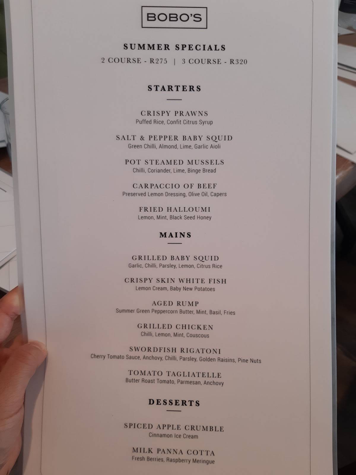 Menu at Bobo's restaurant, Cape Town