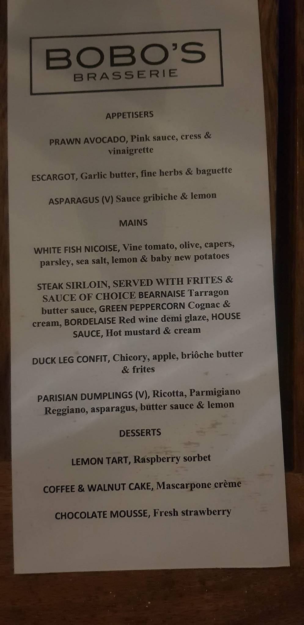 Menu at Bobo's restaurant, Cape Town