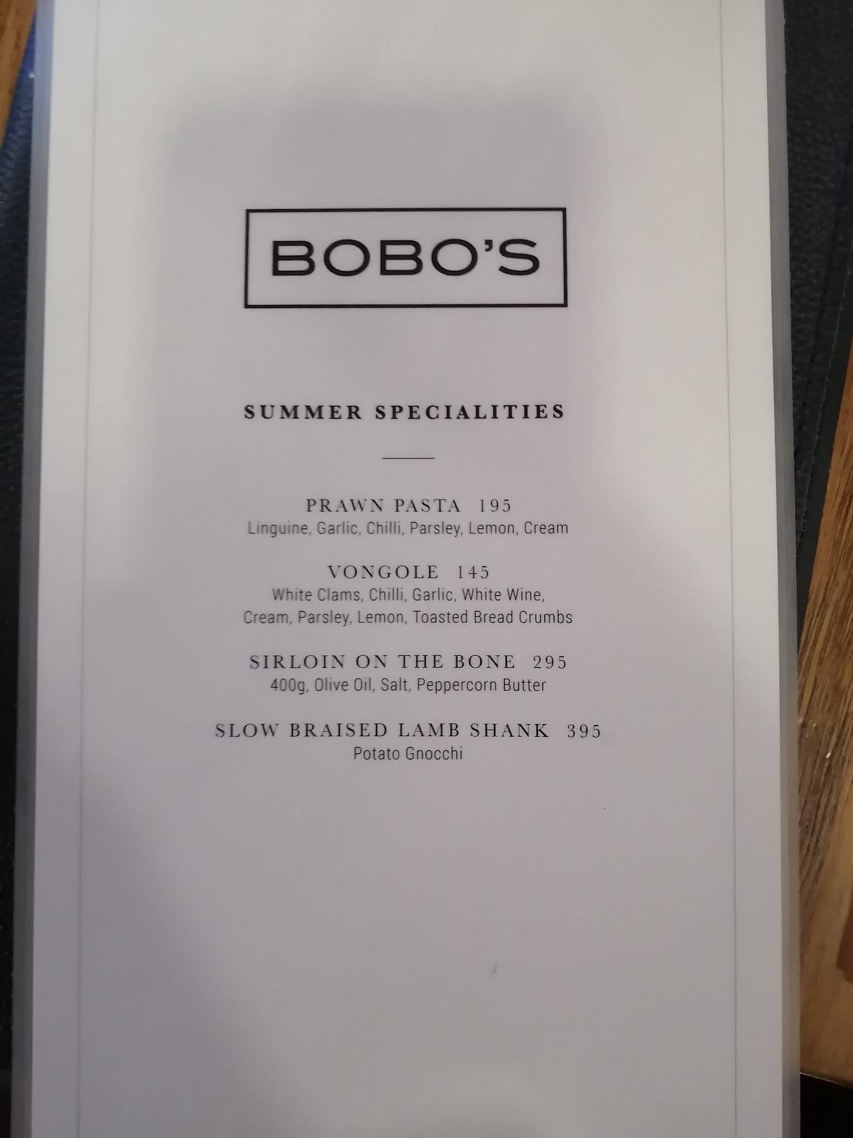 Menu at Bobo's restaurant, Cape Town