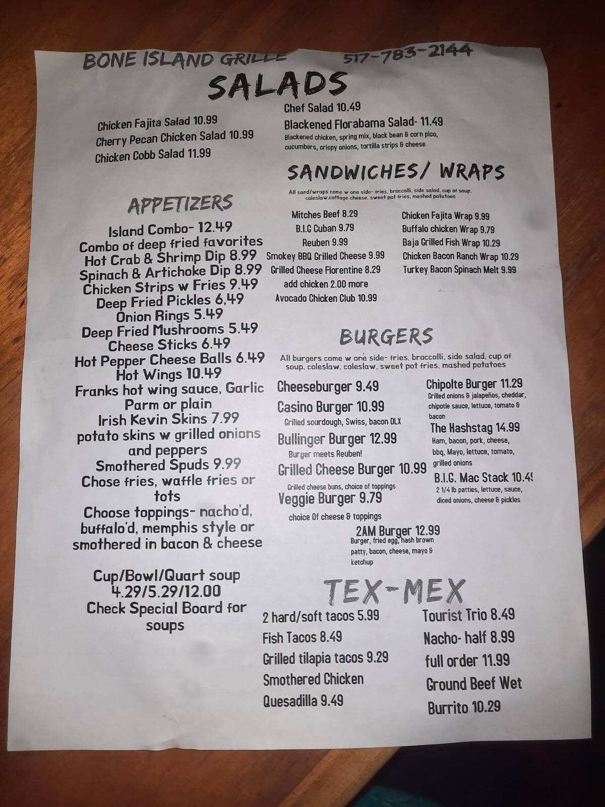 Menu at Bone Island Grille pub & bar, Jackson