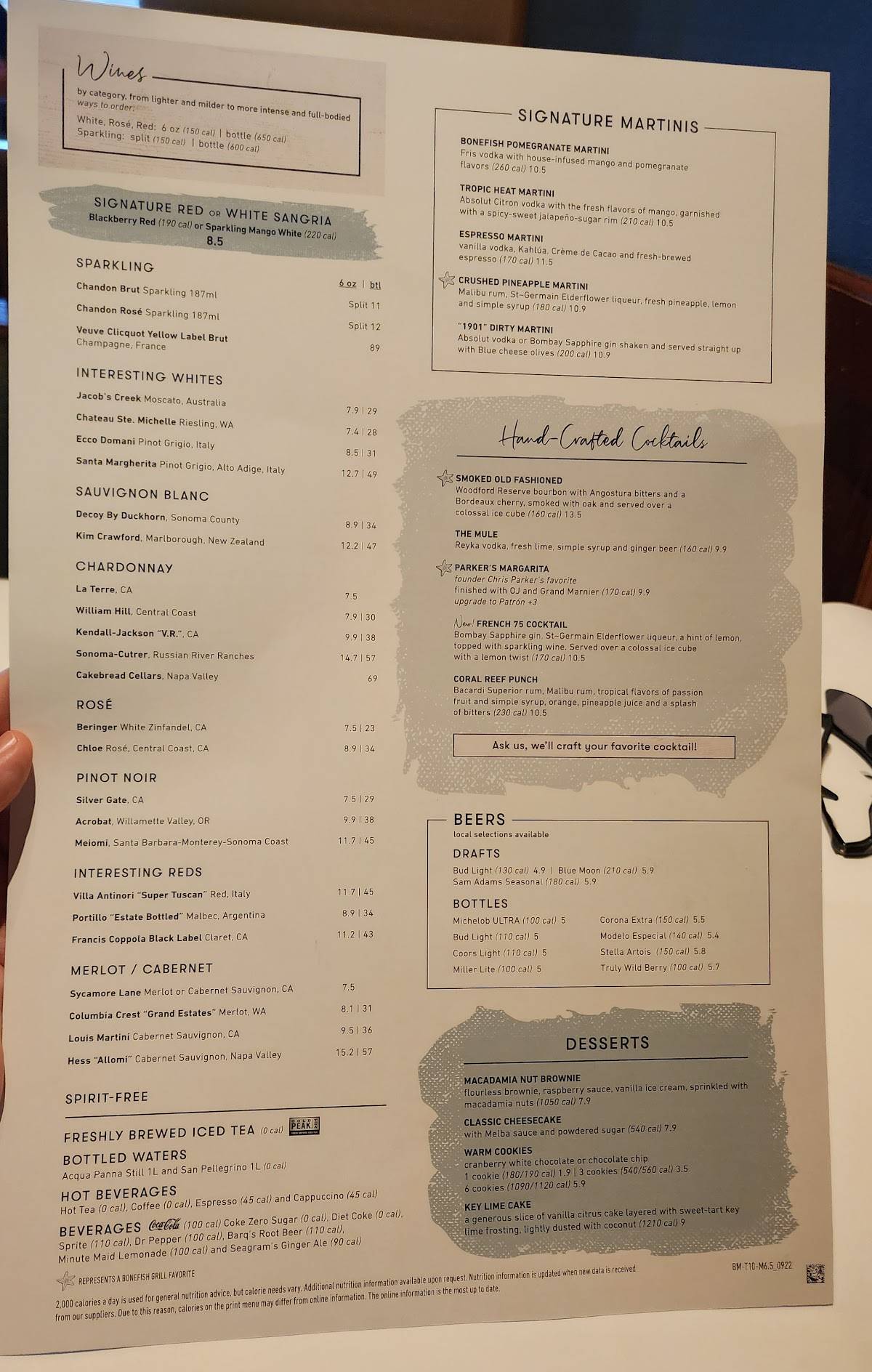 Menu at Bonefish Grill restaurant, Schaumburg