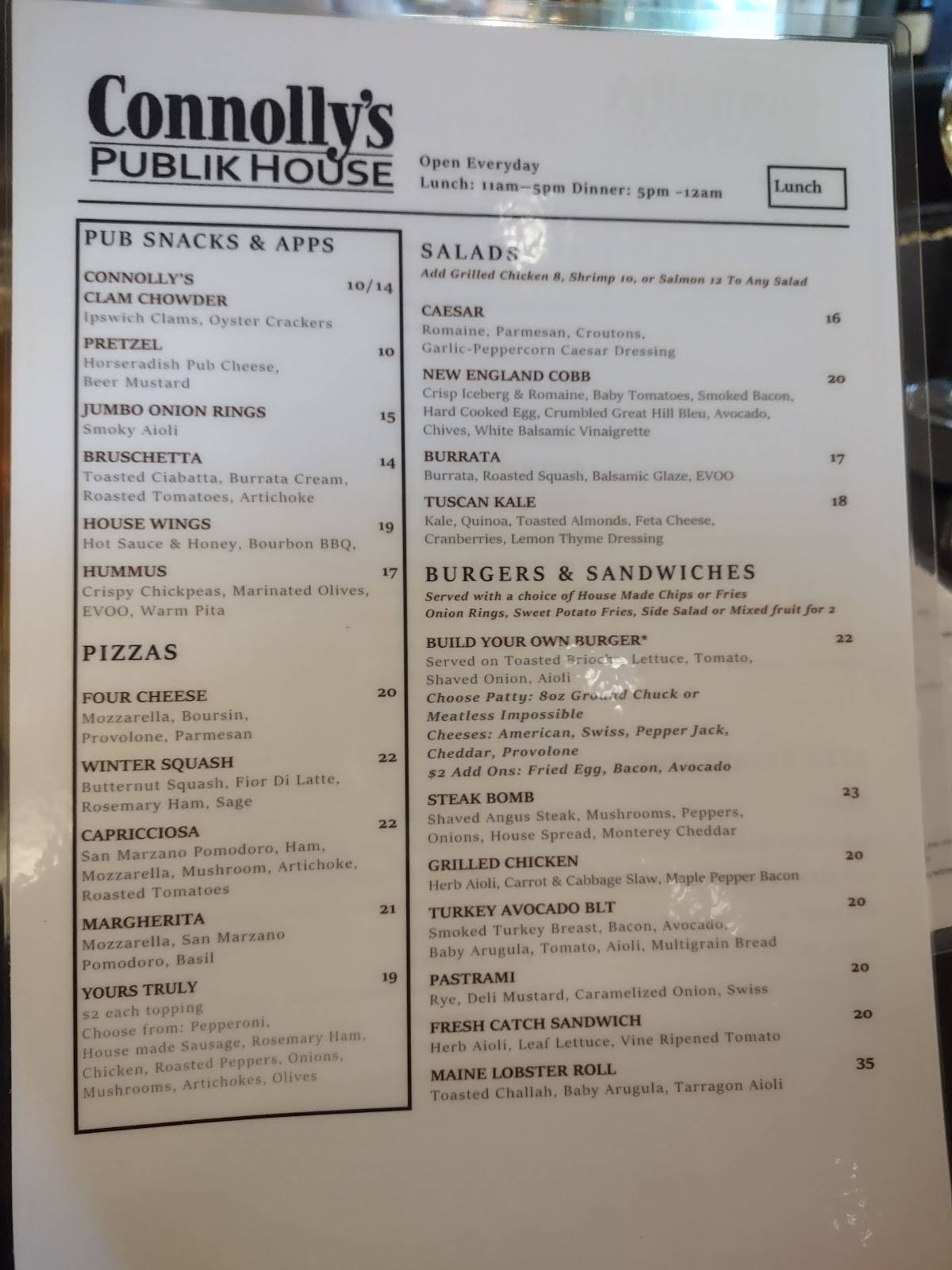 Menu at Connolly's Publik House, Boston, 1 Hotel Dr
