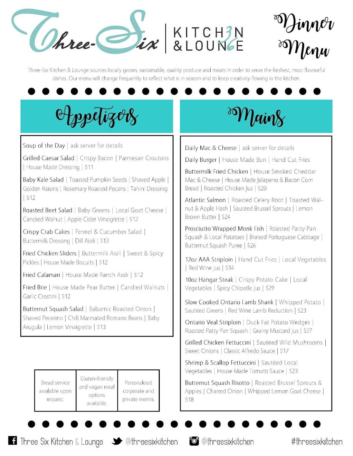 Menu at Three Six Kitchen restaurant, Bowmanville
