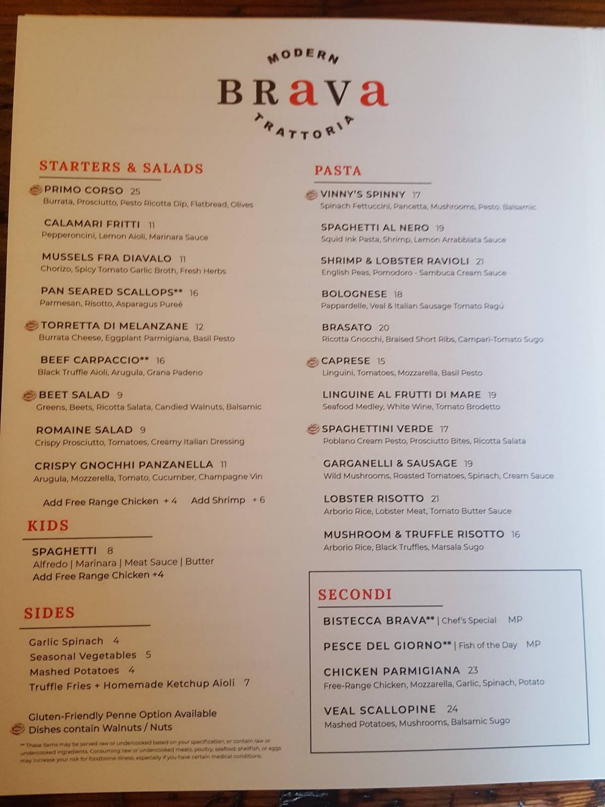 Menu at Brava Modern Trattoria restaurant, Glenwood Springs