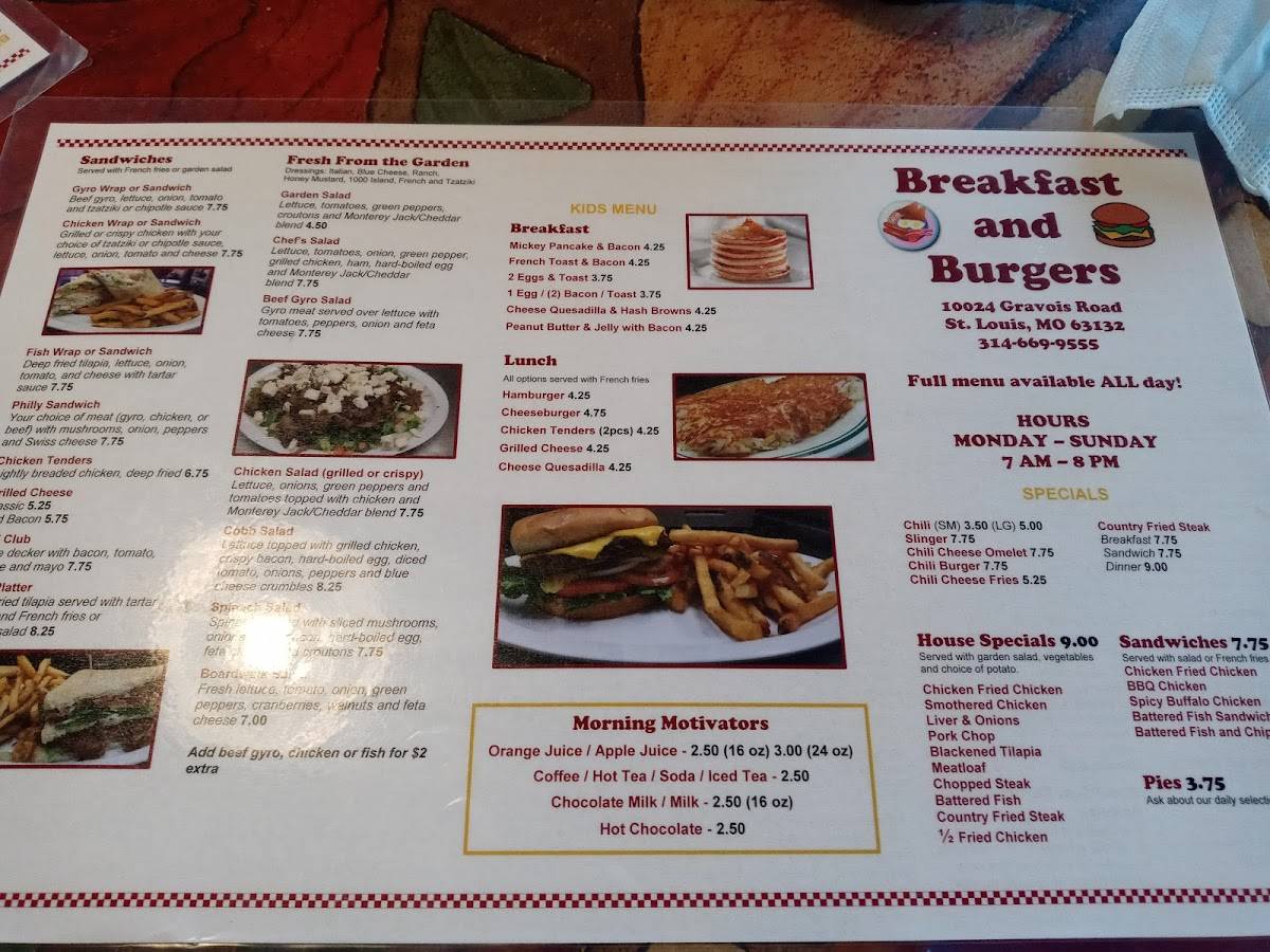 Menu at Breakfast and Burgers restaurant, Affton