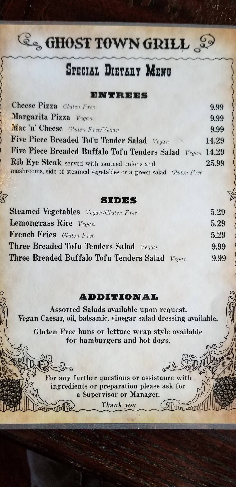 Menu at Ghost Town Grill restaurant, Buena Park