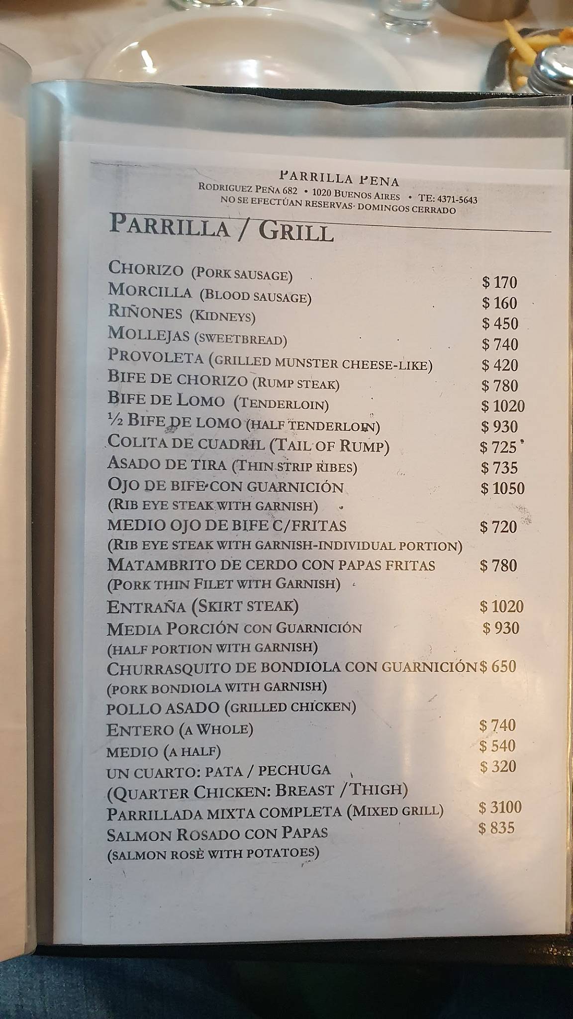Menu at Parrilla Peña, Buenos Aires, Rodríguez Peña 682