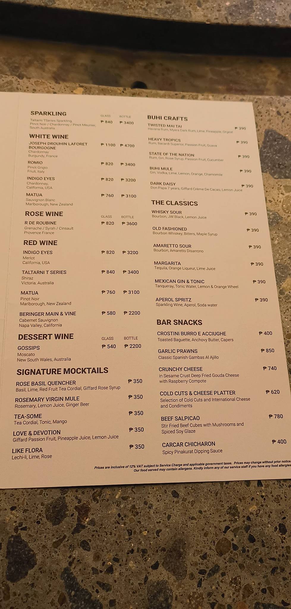 Menu at Buhi Cave Bar, Lapu-Lapu City