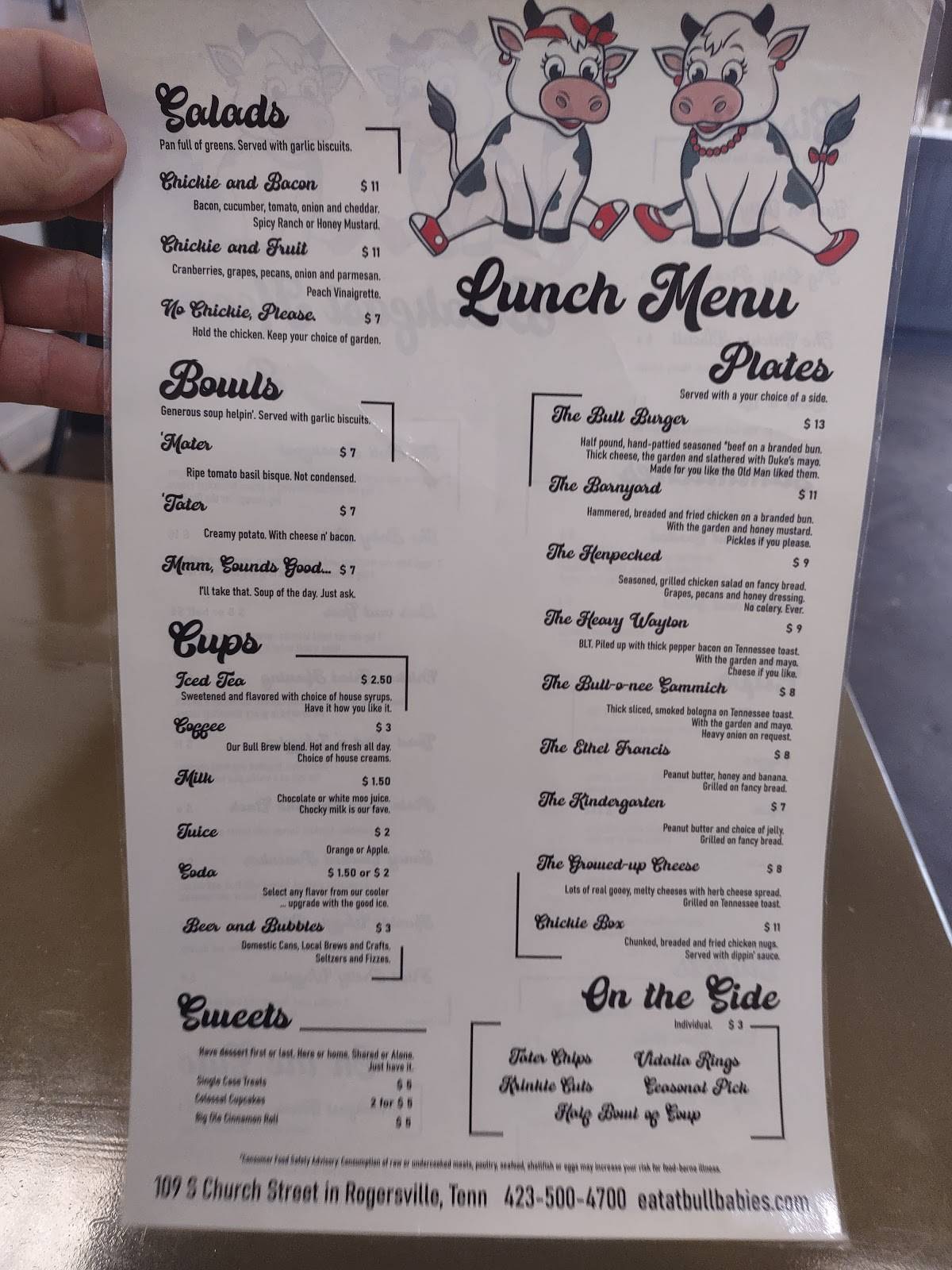 Menu at Bull Babies desserts, Rogersville