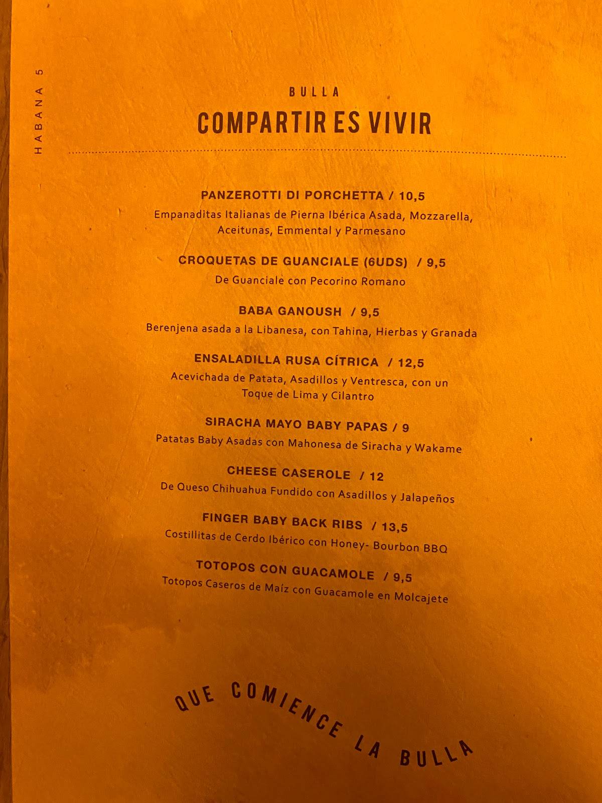 Carta del restaurante Bulla Madrid, Madrid, P.º del La Habana