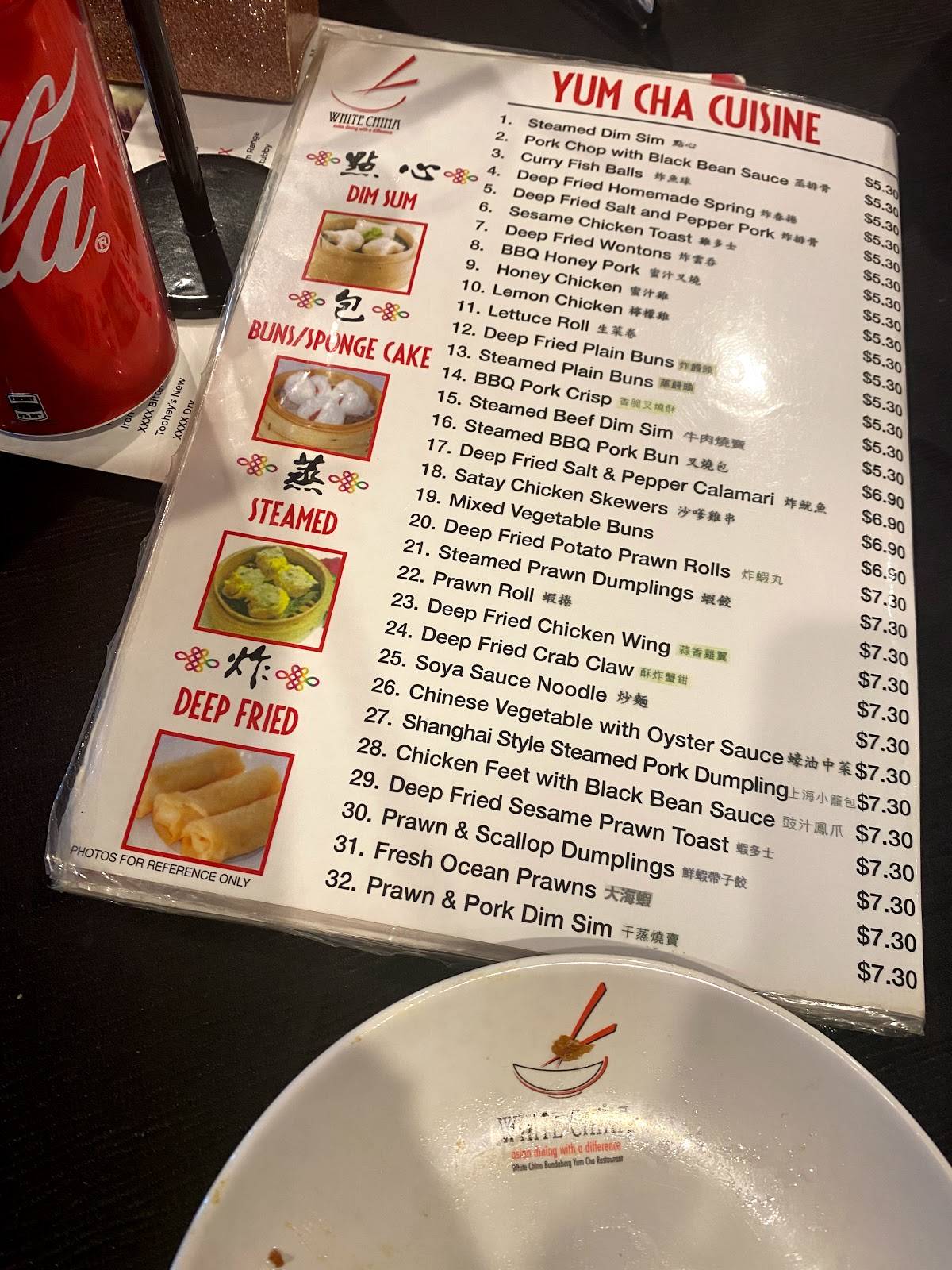 Menu at White China restaurant, Bundaberg Central