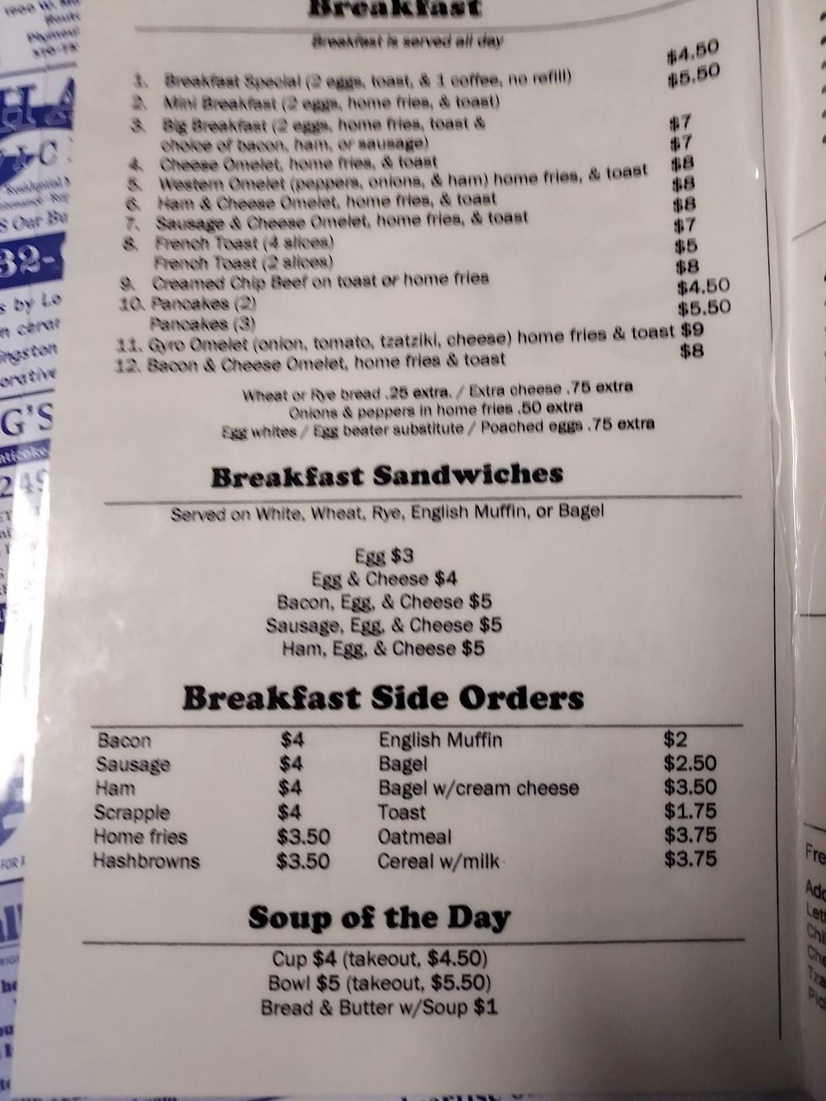 Menu at Bus Stop Cafe, Nanticoke