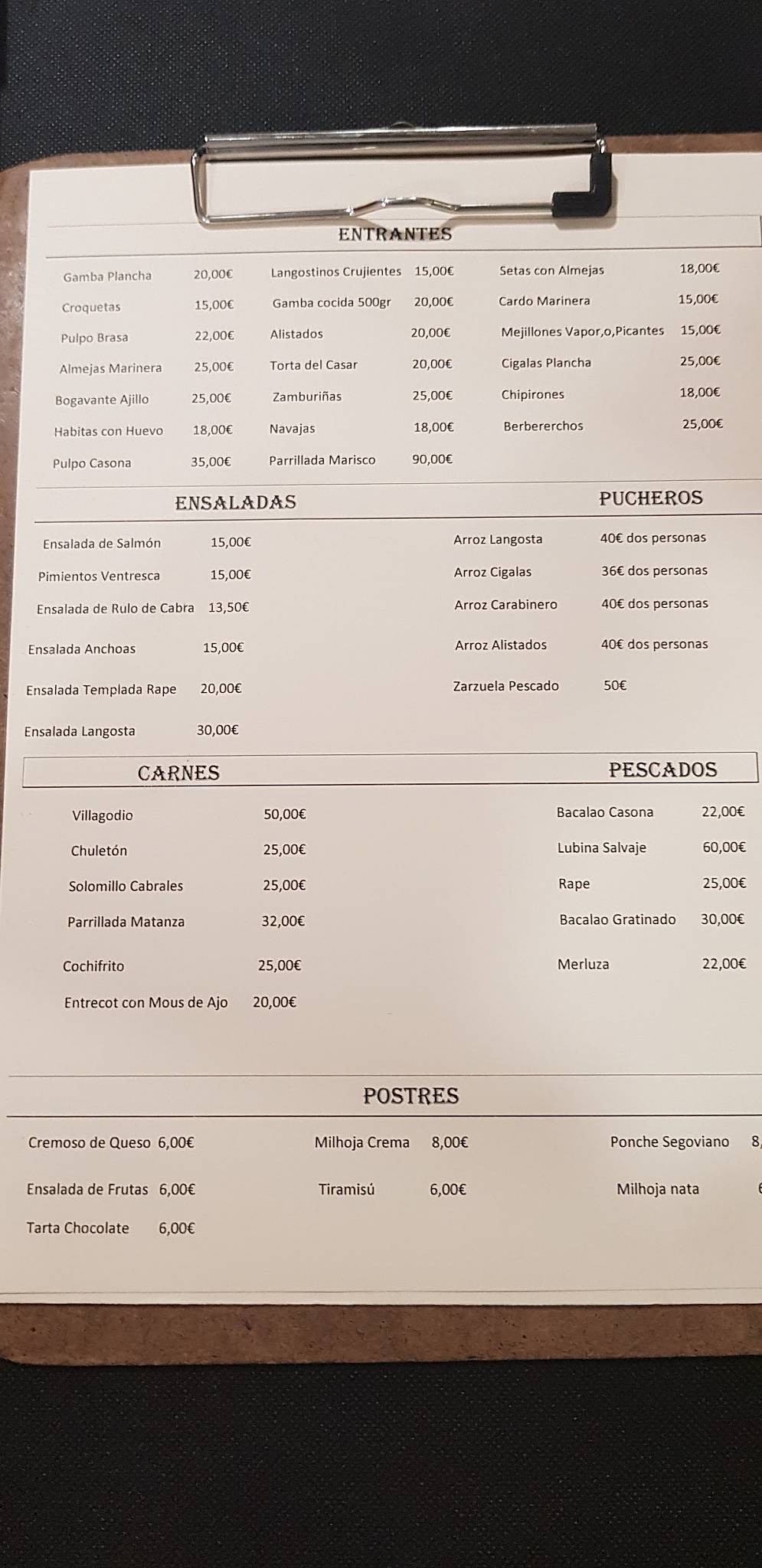 Carta de Restaurante La Casona, Bustarviejo