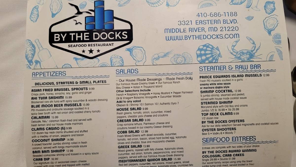 Menu at By The Docks Seafood Restaurant, Middle River